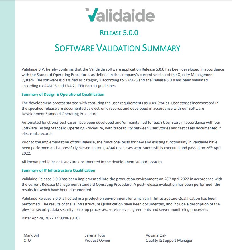 5.0.0 Validation Summary Report – Validaide Help Center